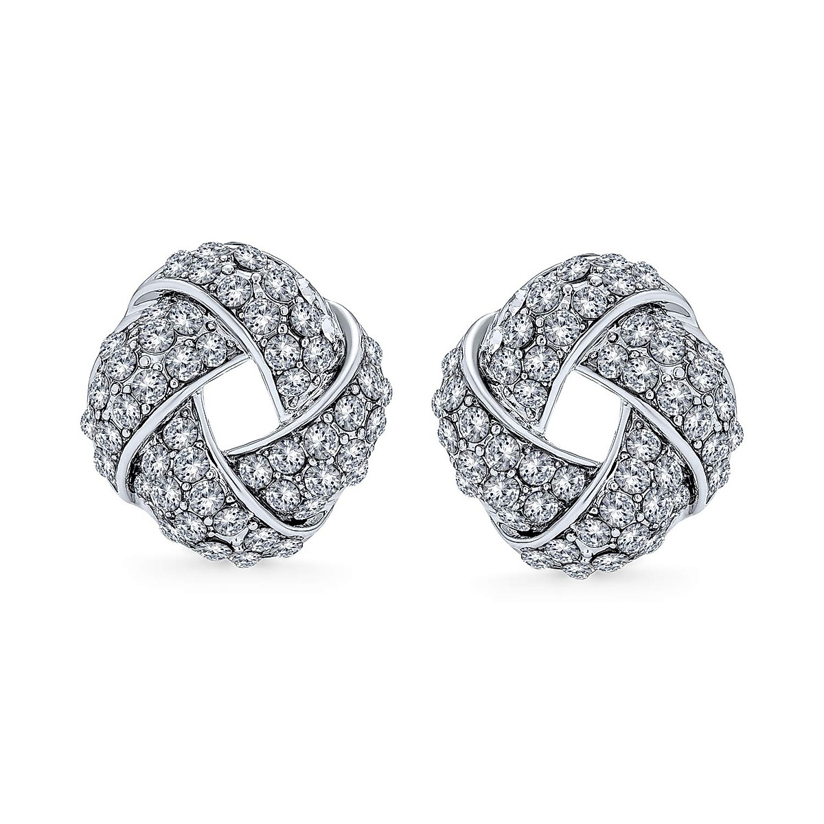 Woven White Clear Crystal Love Knot Work Clip On Earrings For Women Non Pierced Ears Silver Plated Brass