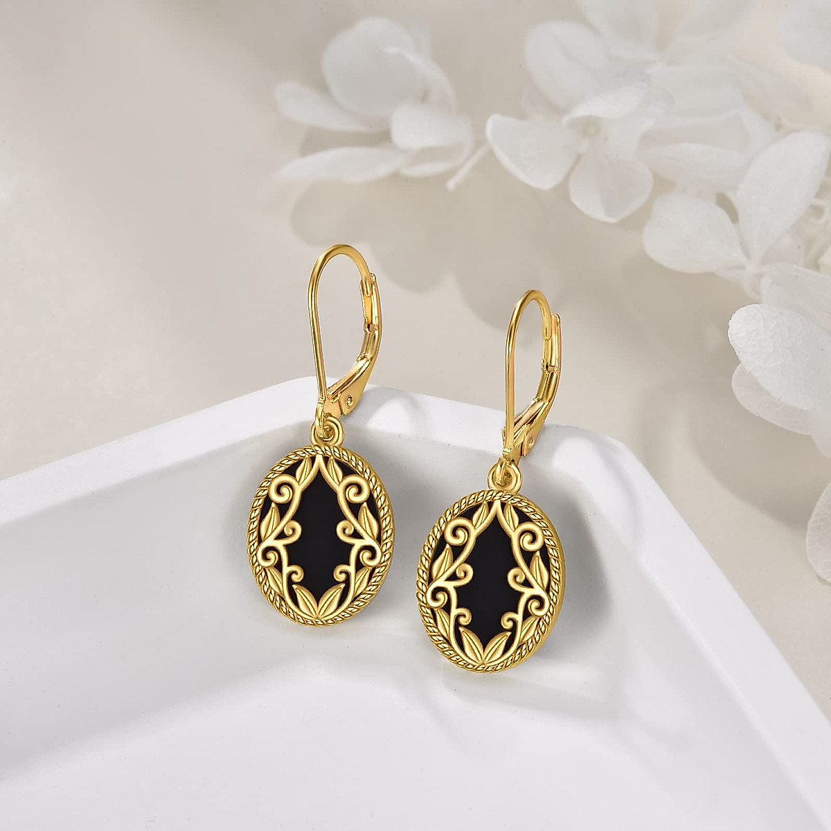 Black Onyx Earrings Gifts for Women Sterling Silver 18K Yellow Gold Plated Black Opal Filigree Boho Dangle Earrings Jewelry Gifts