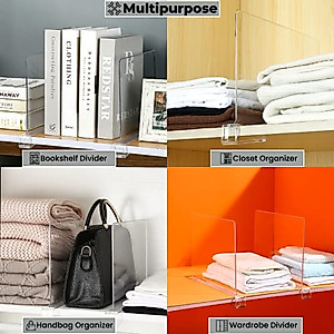J1ST Pack of 4 Shelf Dividers for Closet Organization Acrylic Clear Closet Shelf Divider for Wooden Shelving Suitable for Wooden or Vertical Shelves or Bedroom, Kitchen and Office