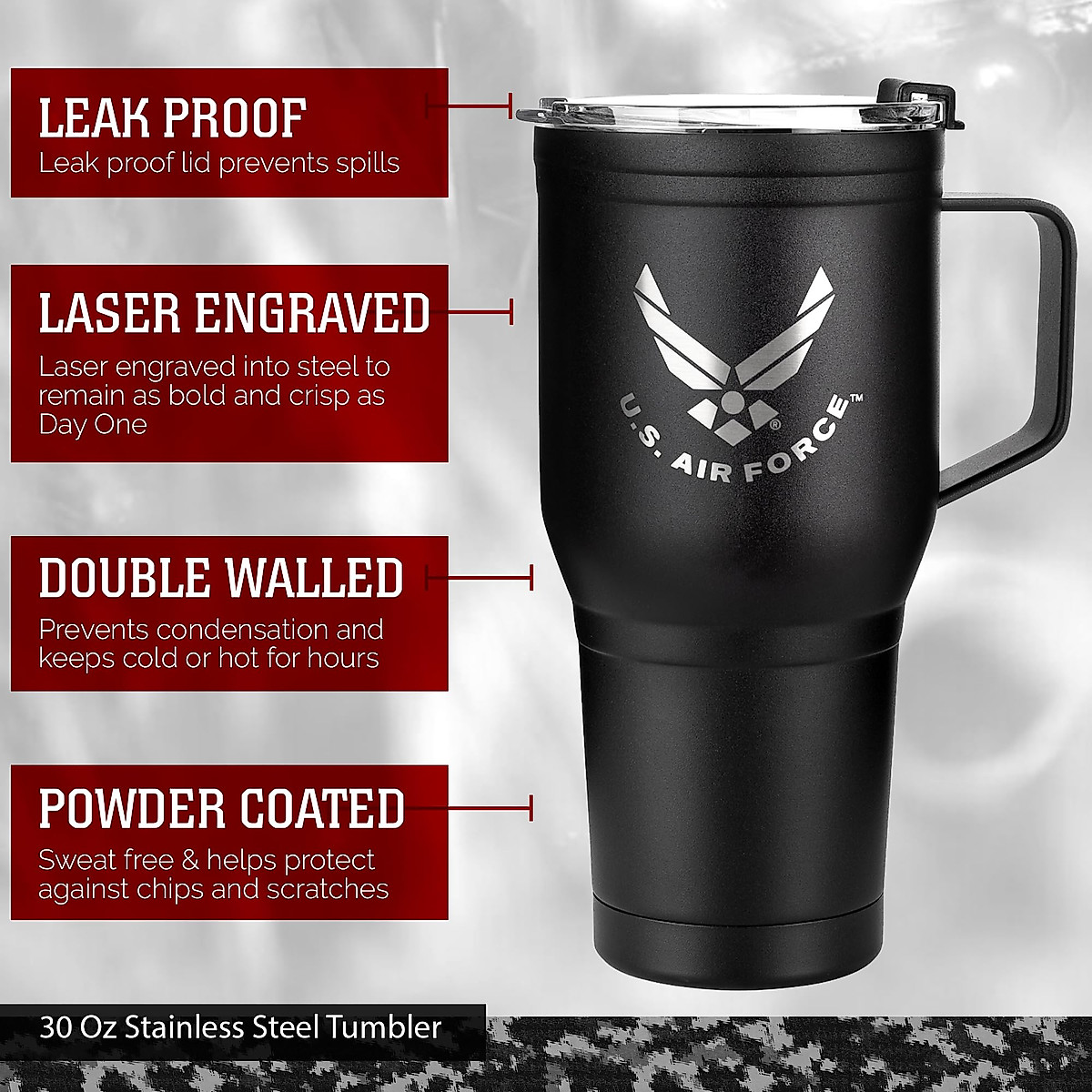 Military Veteran Products 30 Oz USAF Black Double Wall Vacuum Insulated Stainless Steel Air Force Tumbler with Handle | Travel Mug with Leakproof Lid