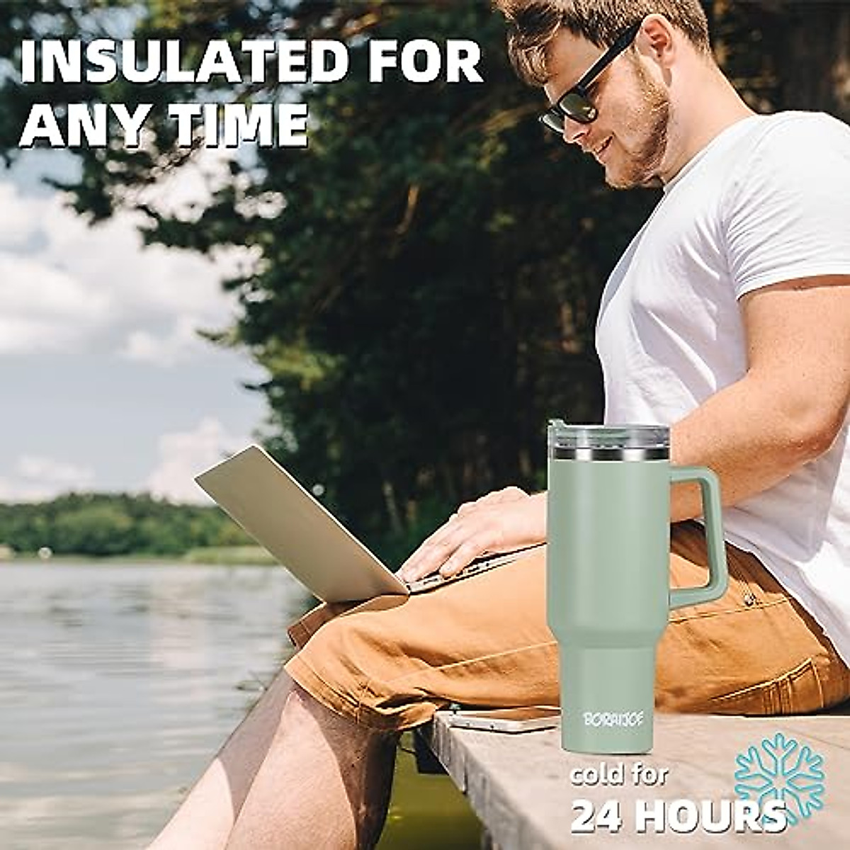 Boraijoe 40 oz Tumbler with Handle and Straw,Reusable Stainless Steel Water Bottle Travel Mug Insulated Cup,Double Wall Vacuum 100% Leak-proof Travel Coffee Mug(Jade Green)