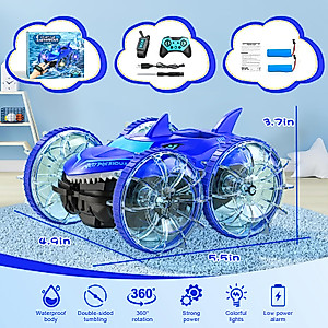 Axirata Amphibious RC Car with Lights for Kids 3-12 Year Old Boys Toy Gesture Hand Remote Control Boat 4WD 2.4GHz Waterproof RC Stunt Car 360° Rotating Water Beach Pool Toys Gift for Boys Girls