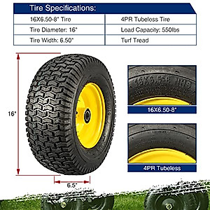 MaxAuto 2Pcs 16x6.50-8 Tire and wheel for Lawn Riding Mowers Garden Tractors, 4" Centered Hub with 1" Axle Bore,Yellow Rim
