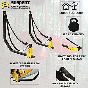 Suspenz Deluxe Kayak Canoe SUP Storage Rack, Adjustable Wall Hangers/Hooks, Indoor & Outdoor Use, Safety Straps, Stores Boats Up to 125 lbs (11-0111)