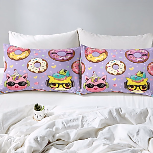 Kawaii Doughnut Fitted Sheet Queen, Funny Dessert Theme Bed Sheets for Boys Teens, Abstract Unicorn Bedding Sets Creative Hippie Tribal Feather Bedding Decor Set, Novelty Bedroom Decor