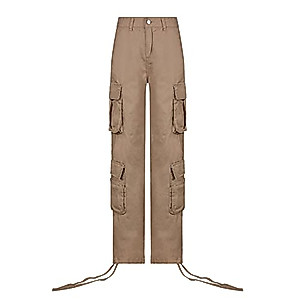 Women's Y2K High Rise Baggy Straight Leg Cargo Pants Streetwear Casual Boyfriend Trousers with Pockets Khaki