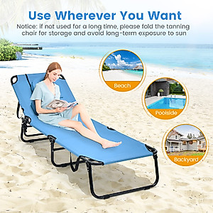Goplus Tanning Chair, Folding Beach Lounge Chair w/Face Hole, 350LBS Capacity, Removable Pillow, Carry Strap, Adjustable Sunbathing Chair, Patio Chaise Lounger for Outside Lawn Pool Adult (1, Blue)