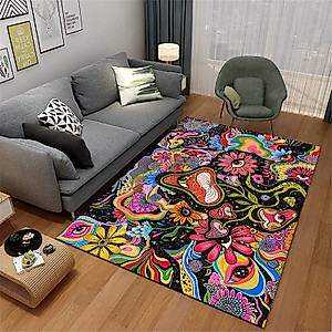 LGGQQW Mushroom Area Rug Trippy Trug Cute Flower Rug Colorful Hippy Carpet for Bedroom