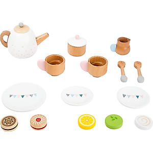 Small Foot Wooden Toys-Premium 17 Piece Toy Tea Playset- Deluxe Play Pretend Food Set includes Tea Pot, Cookies, Plates and Teacup-Ideal for Toddlers 3+