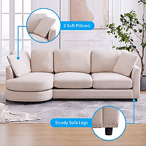 Mjkone 89" Sectional 3-Seat Sofa Couch, Living Room Minimalist Sofa, Modern Upholstered Linen Fabric Curved Cloud Sofa, L-Shaped Couch with Chaise & Support Throw Cushion for Apartment Office – Beige