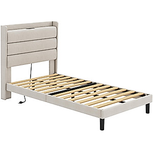 LIKIMIO Twin XL Bed Frames, Storage Headboard with Outlets, Sturdy and Stable, No Noise, No Box Springs Needed, Beige