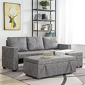 GLORHOME L Shape Storage Bed Pull Out Sleeper Sectional Couch with Upholstered with Nail Head Trim, 3-Seater Sofa for Living Room Furniture Set, Gray