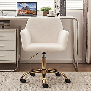 SSLine Faux Fur Vanity Chair Elegant White Furry Makeup Desk Chairs for Girls Women Modern Comfy Fluffy Arm Chair Stool with Wheels in Bedroom Living Room (G Type-White&Gold)