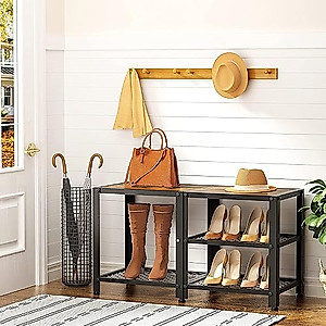 Hoctieon 3-Tier Shoe Bench, Shoe Rack for Entryway, Metal Mesh Shoe Organizer with Bench, Small Shoe Storage Rack for Boots, Multifunctional Shoe Organizer for Closet, Rustic Brown & Black