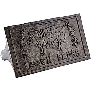 HIC Harold Import Co. 43202 Rectangular Bacon Press and Steak Weight, Heavyweight Cast Iron with Wooden Handle, For Grill Panini Burgers Bacon and Sausage