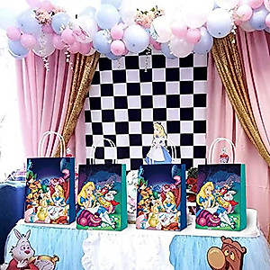 16 Pcs Alice in Wonderland Party Paper Gift Bags, 2 Styles Party Favor Bags with Handles for Alice in Wonderland Party Decorations, Goody Bags Candy Gift Bags for Girls Boys Birthday Party Supplies Favors
