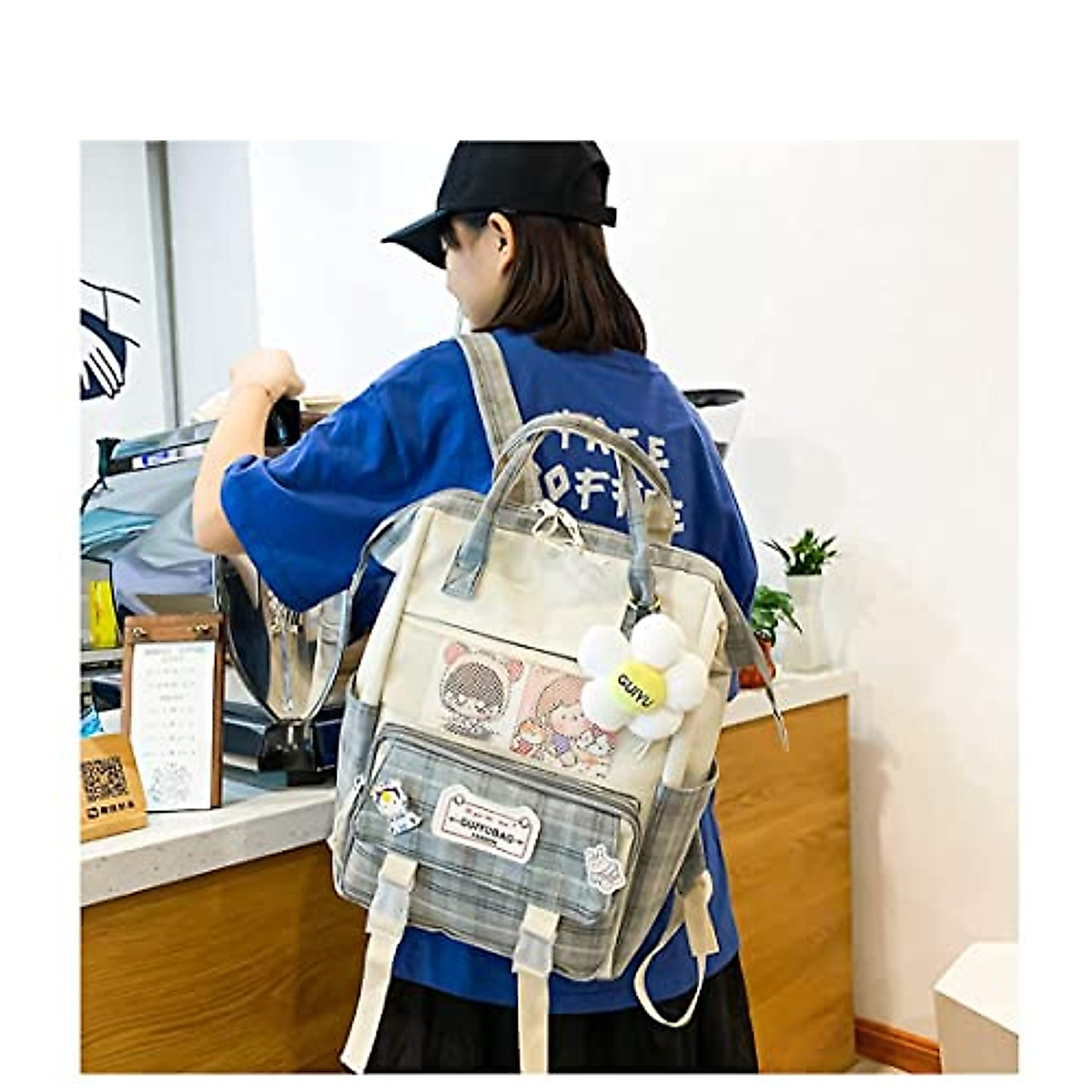 5pcs Kawaii Backpack Set For Teens Cute Backpack with Pins and Pendant Aesthetic Girls Trendy Tote Bag (Grey)