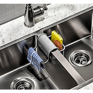 madesmart Over-The-Sink Towel and Sponge Saddle with Ventilation Holes, Dish Cloth and Sponge Holder Sink Caddy for Divided Sinks, Silver