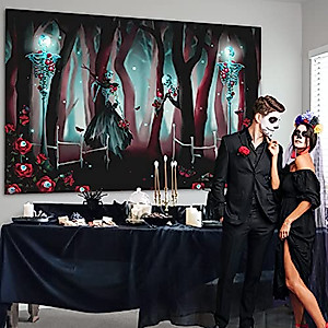 3 x 5 ft Fabric Rose Skeleton Party Backdrop for Halloween Party Decoration Hanging Party Background for Theme Birthday Wedding Engagement Anniversary Party Supplies (7x5 Rose Skeleton Backdrop)