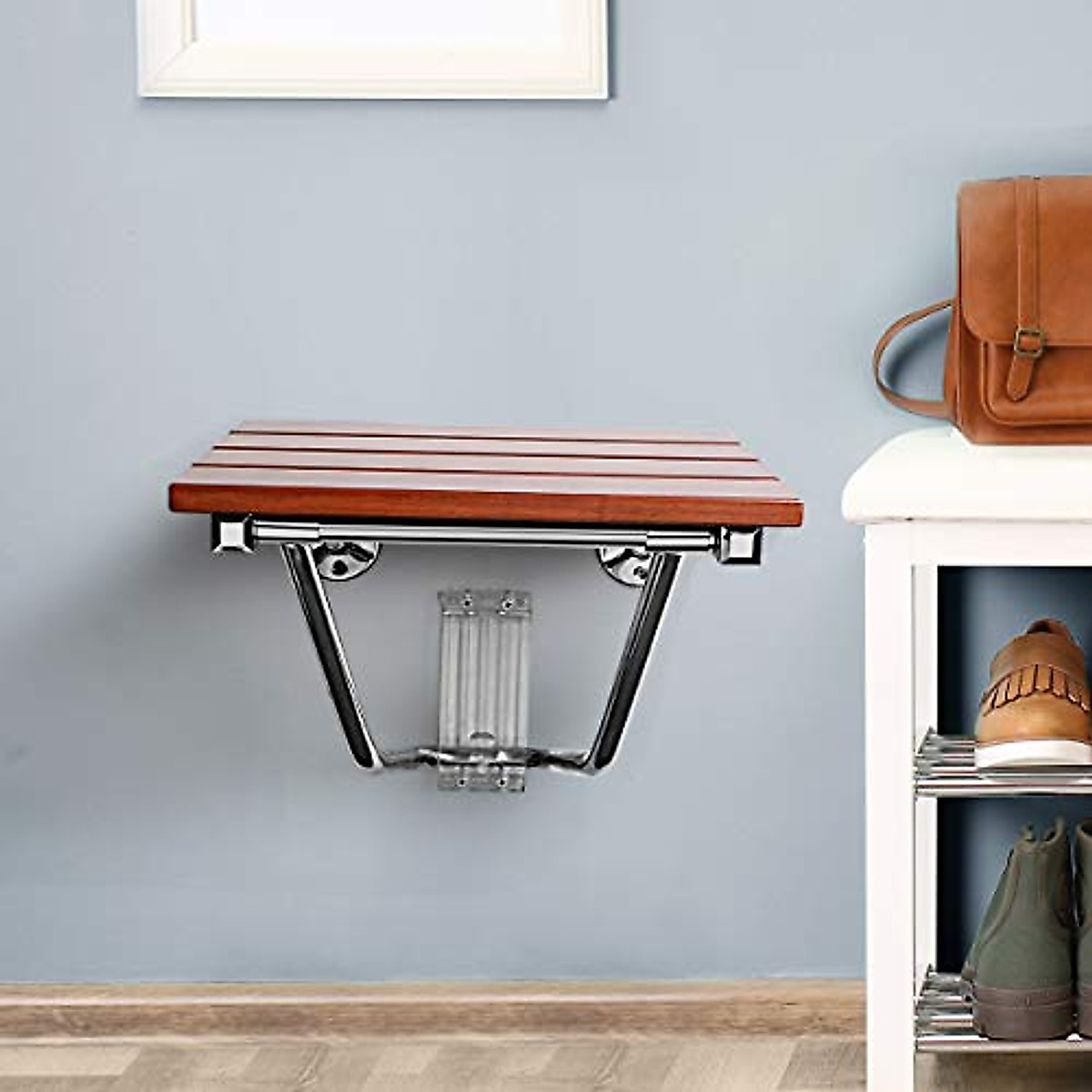 Giantex 15" Folding Shower Seat Bench Wooden Wall Mount Solid Wood Construction W/Steel Frame, 300lb Capacity for Senior, Handicap Disabled, Medical Use Foldable Bathroom Stool Foldaway Shower Chair