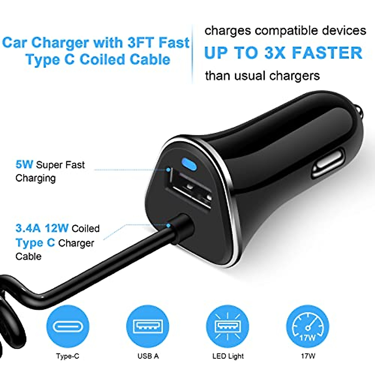 Fast Car Charger Pixel 7 Type C Car Plug Android USB C Cigarette Lighter Car Adapter Fast Charging C Coiled Cable for Samsung Galaxy A14 5G/S23/A54/A34/A23/Z Fold 4/A13/S21 FE/A53/A03s,Pixel 7 Pro/6a