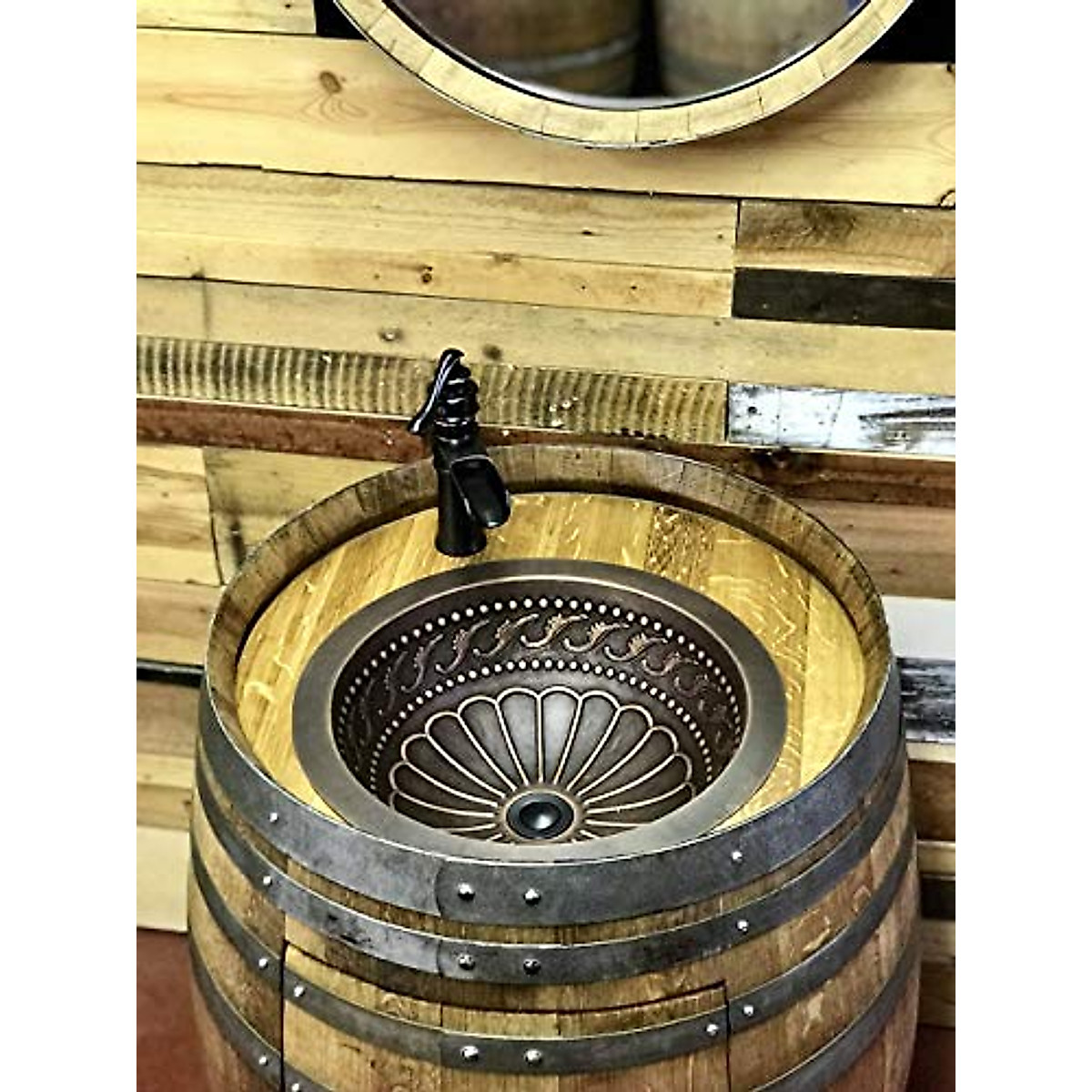 Wine Barrel Copper Sink Vanity with Hidden Hinged Door and Antique Waterfall Faucet