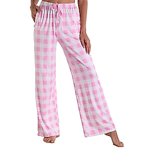 X-Image Women Casual Comfy Elastic Waist Summer Beach Pants with Pockets Loose Wide Leg Cozy Pants Yoga Sweatpants Pink Plaid, S