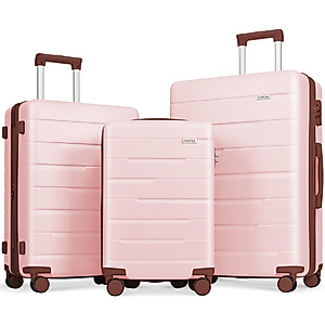 Merax 3 Pcs Expandable ABS Hardshell Luggage Sets with Spinner Wheel Suitcase TSA Lock Suit Case, Pink, (20/24/28)