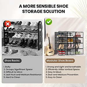 Fkprorjv XX Large Shoe Storage Box Organizer for Closet, 12 Pack Space Saving Versatile Clear Plastic Stackable Sneaker Shoe Rack Containers Bins Holders, Portable Closet Organizers and Storage, Black