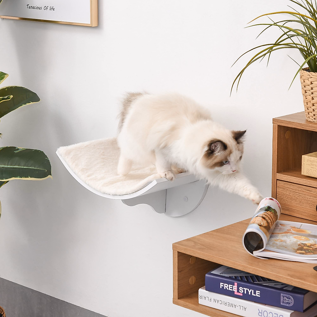 PawHut Wood Wall-Mounted Cat Shelves, Curved Kitten Bed Cat Perch Climber with Fleece Top, 16.25" x 11" x 8.25", White