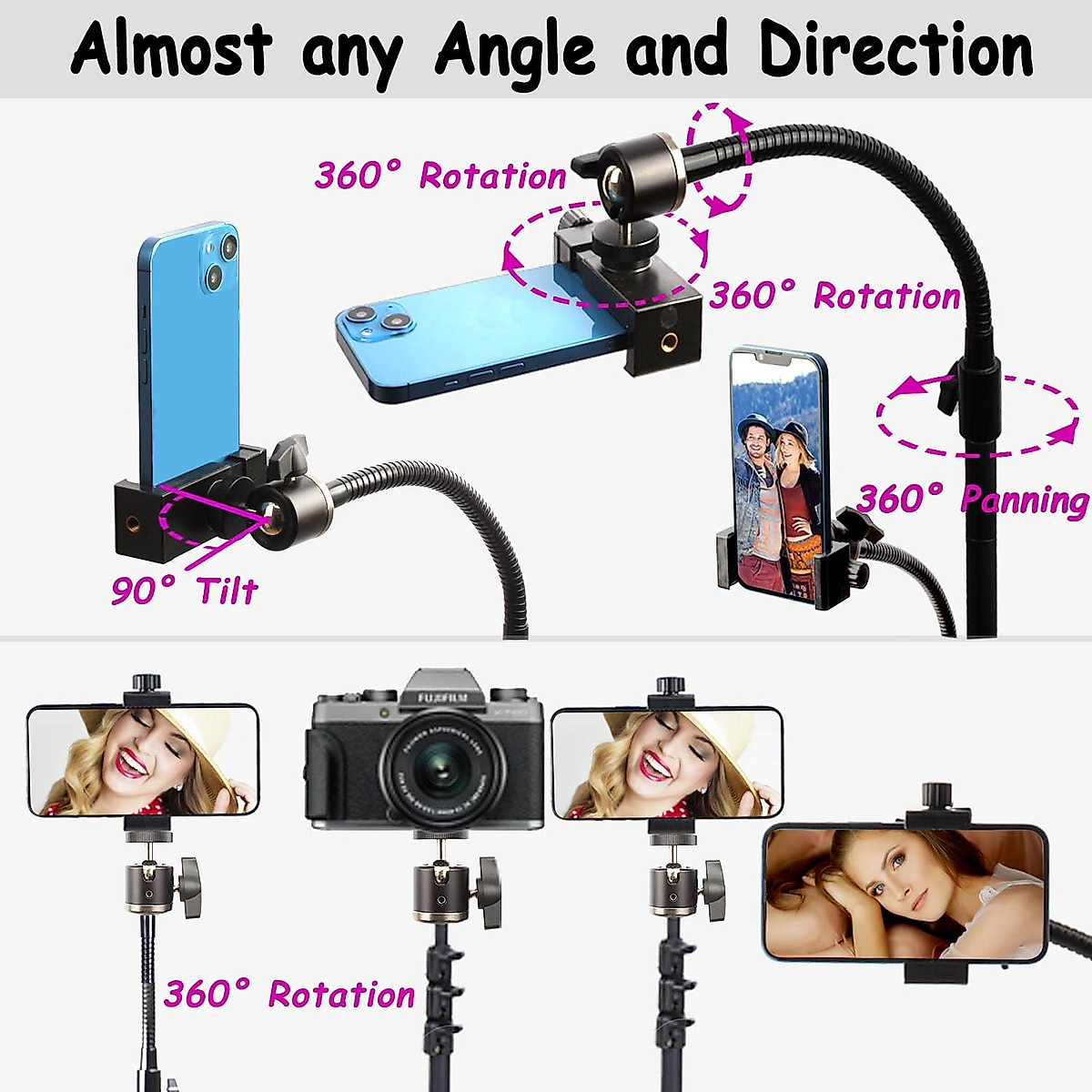 Phone Tripod, Phone Video Stand with Remote, Height Adjustable Ball Head, Gooseneck Phone Floor Holder for iPhone15, iPhone15 Plus, iPhone15 Pro, iPhone15 Pro Max, iPhone 14,14 Pro, Plus, 13, 12, 11