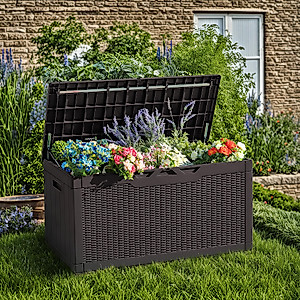 Devoko 97 Gallon Deck Box, Waterproof Resin Outdoor Storage Box for Outside and Patio, Large Outdoor Storage Bench Cabinet Lockable for Patio Furniture, Garden Tools and Pool Supplies (Deep Brown)