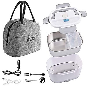 Electric Lunch Box, 3 in 1 Food Heater Portable Microwave Electric Lunch Boxes with Insulation Bag for Car Truck Office 12V 24V & 110V, 1.5L Stainless Steel Food Warmer and Heater Container (Grey)