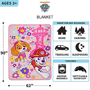 Paw Patrol Girls Kids Bedding Super Soft Plush Micro Raschel Blanket, 62 in x 90 in, (Official) Nickelodeon Product By Franco
