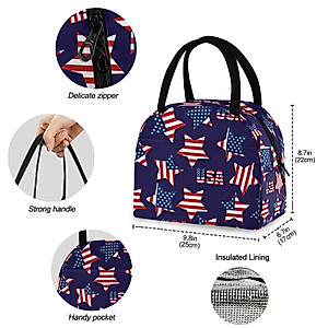 ZzWwR Usa Patriotic American Flag Stars Reusable Lunch Tote Bag with Front Pocket Insulated Thermal Cooler Container Bag for Back to School Work Travel Fishing Picnic Beach