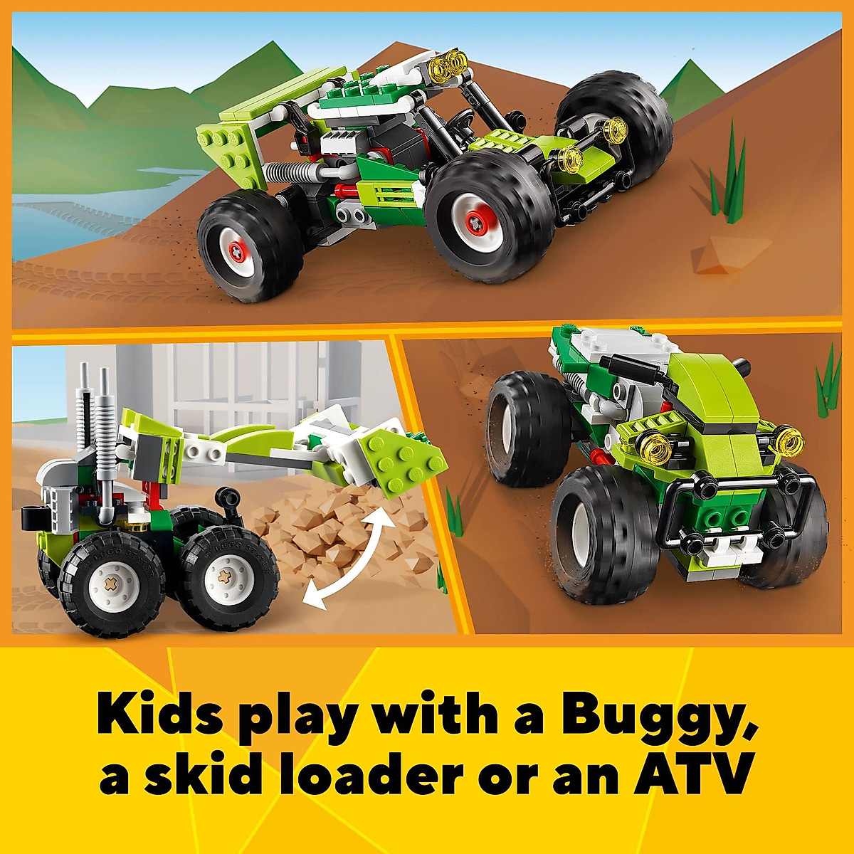 LEGO Creator 3 in 1 Off-road Buggy, Transforms to 3 Different Construction Vehicles from Skid Loader Digger to ATV Car Toy to Off-Roader, Construction Set for Kids 7 Plus Years Old, 31123