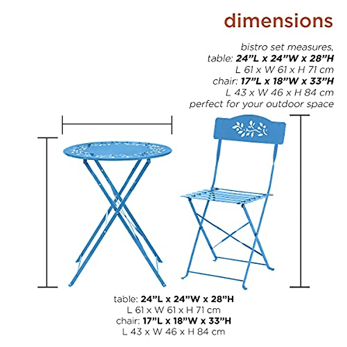Alpine Corporation Bistro Set, Table: 24" L x 24" W x 28" H Chair: 17" L 18" W x 33" H, Blue