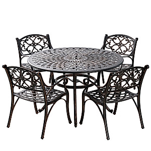 PATIO-IN 5 Piece Patio Dining Set Cast Aluminum Outdoor Table and Chairs Set for 4, with 1 Round Patio Table, 4 Patio Chairs, Outdoor Dining Set with Umbrella Hole for Patio Garden, Bronze
