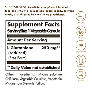 Solgar Reduced L-Glutathione 250 mg, 60 Vegetable Capsules - Antioxidant Support - Free Form Amino Acids - Non-GMO, Vegan, Gluten Free, Dairy Free, Kosher - 60 Servings