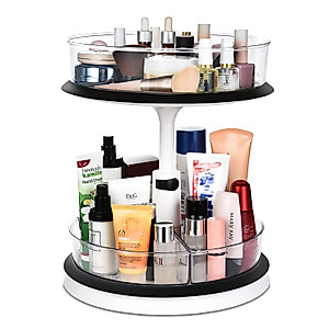 aceyoon 2 Tier Lazy Susan Organizer Spice Racks, 11'' Turntable Cabinet Organizer Height Adjustable with 3 Divided Bins for Kitchen Pantry Bathroom Makeup Organizing Container(Clear)