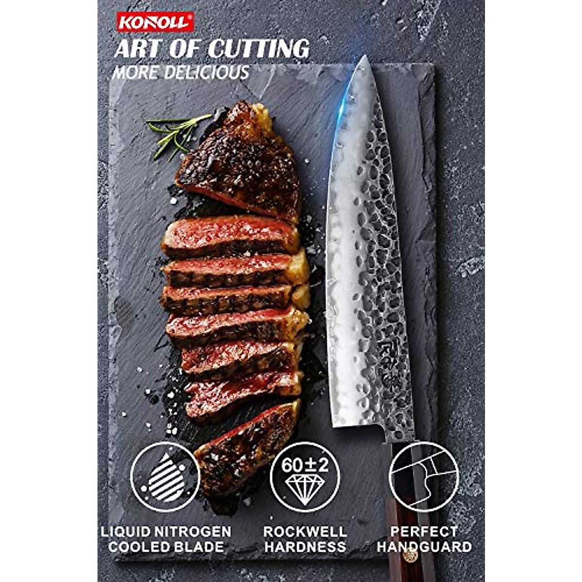 KONOLL 8 Inch Chef Knife 3 layer 9CR18MOV clad steel Forged Handmade, Ebonywood handle Gyuto kitchen Knife (Chef Knife 8-Inch)