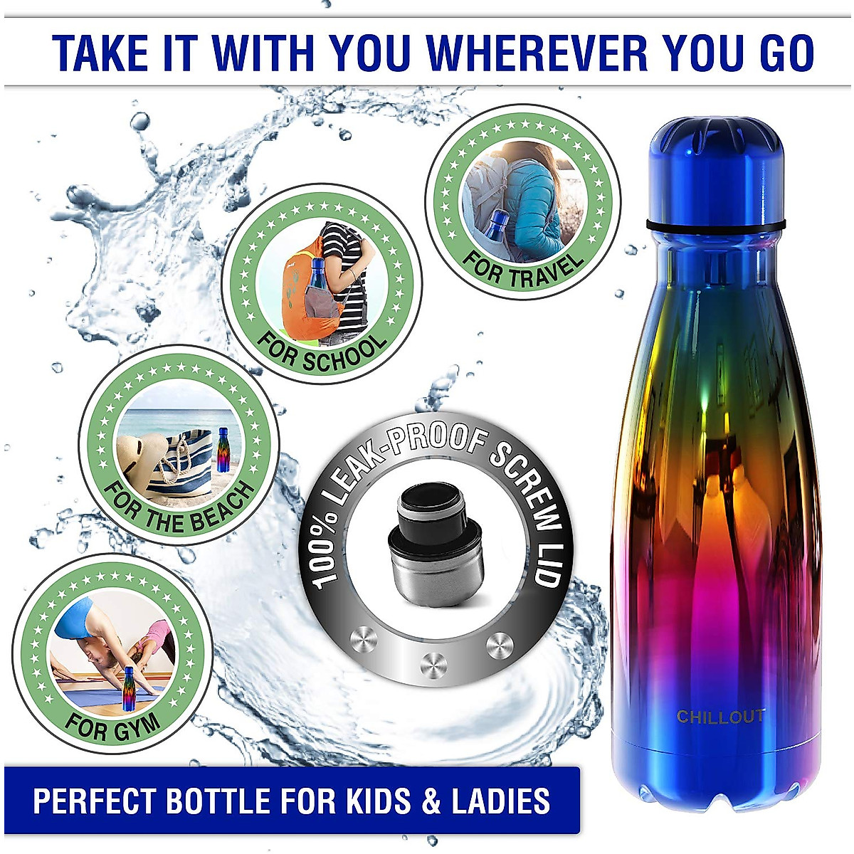 CHILLOUT LIFE Stainless Steel Water Bottle for Kids School: 12 oz Double Wall Insulated Cola Bottle Shape for Cold and Warm Drinks, BPA Free Metal Sports Bottle for Boys, Girls & Women