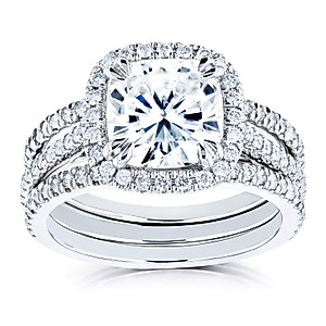 Kobelli Cushion Forever One Moissanite Halo Bridal Rings Set 2 1/2 CTW 14k White Gold (DEF/VS, GH/I), 10.5
