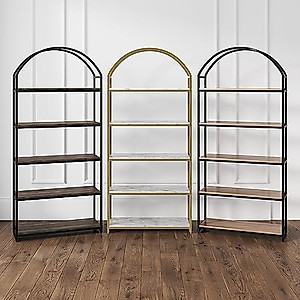 Nathan James Haven Etagere Bookshelf, 5-Shelf Bookcase in Nutmeg Wood and Black Metal Frame with Arch Top and Open Shelves, Nutmeg/Black