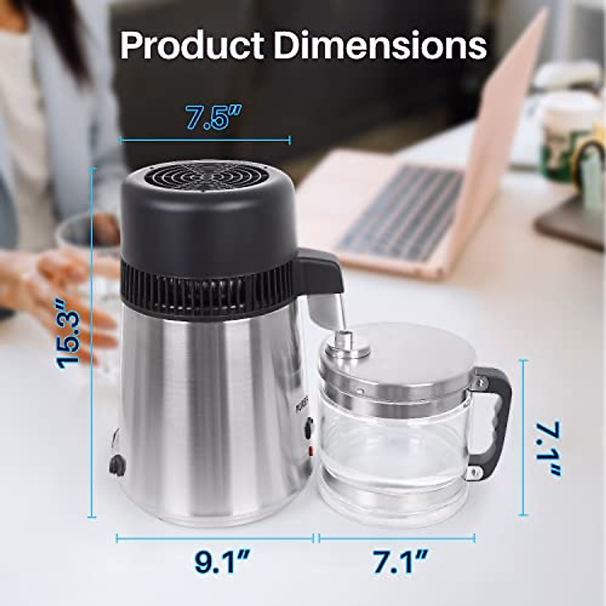 PUREPLUS Water Distiller, 304 Stainless Steel Distilling Water Purifier, with Glass Container, 750W Countertop Water Distiller for Home