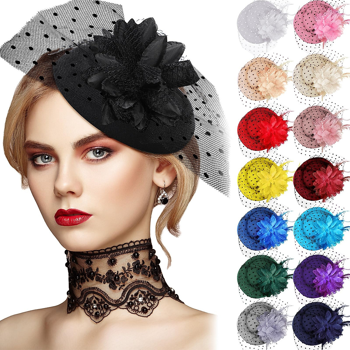 Jeyiour 15 Pcs Tea Party Hats for Women 20s Fascinators Pillbox Hats Headwear with Veil Flower Feathers for Wedding Church Tea Party