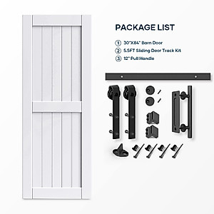 EaseLife 30in x 84in Sliding Barn Door with 5.5FT Barn Door Hardware Track Kit Included,Solid LVL Wood Slab Covered with Water-Proof & Scratch-Resistant PVC Surface,DIY Assembly,Easy Install,White
