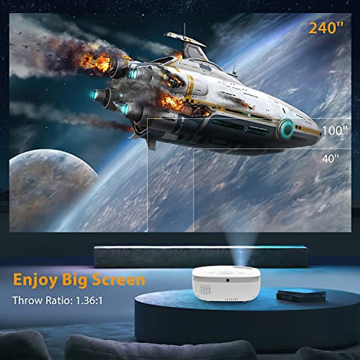 Mini Projector with WiFi - 100" Screen Included, 7500LUX Brightness, Full HD 1080P Resolution Supported and Compatibility with Roku Stick, Android, and iPhone