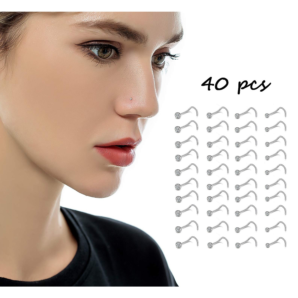 Tornito 20G 40Pcs Stainless Steel Curved Nose Stud Nose Ring CZ L Bone Screw Shaped Nose Screw Piercing Jewelry for Women Men