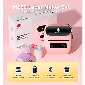 M220 Label Maker, Phomemo Label Printer, 3 Inch Bluetooth Thermal Sticker Maker Machine for Home,Office,School,Barcode Printer for Address,Mailing,Box,Cup,Compatible with Phone & PC,with 3 Rolls Label